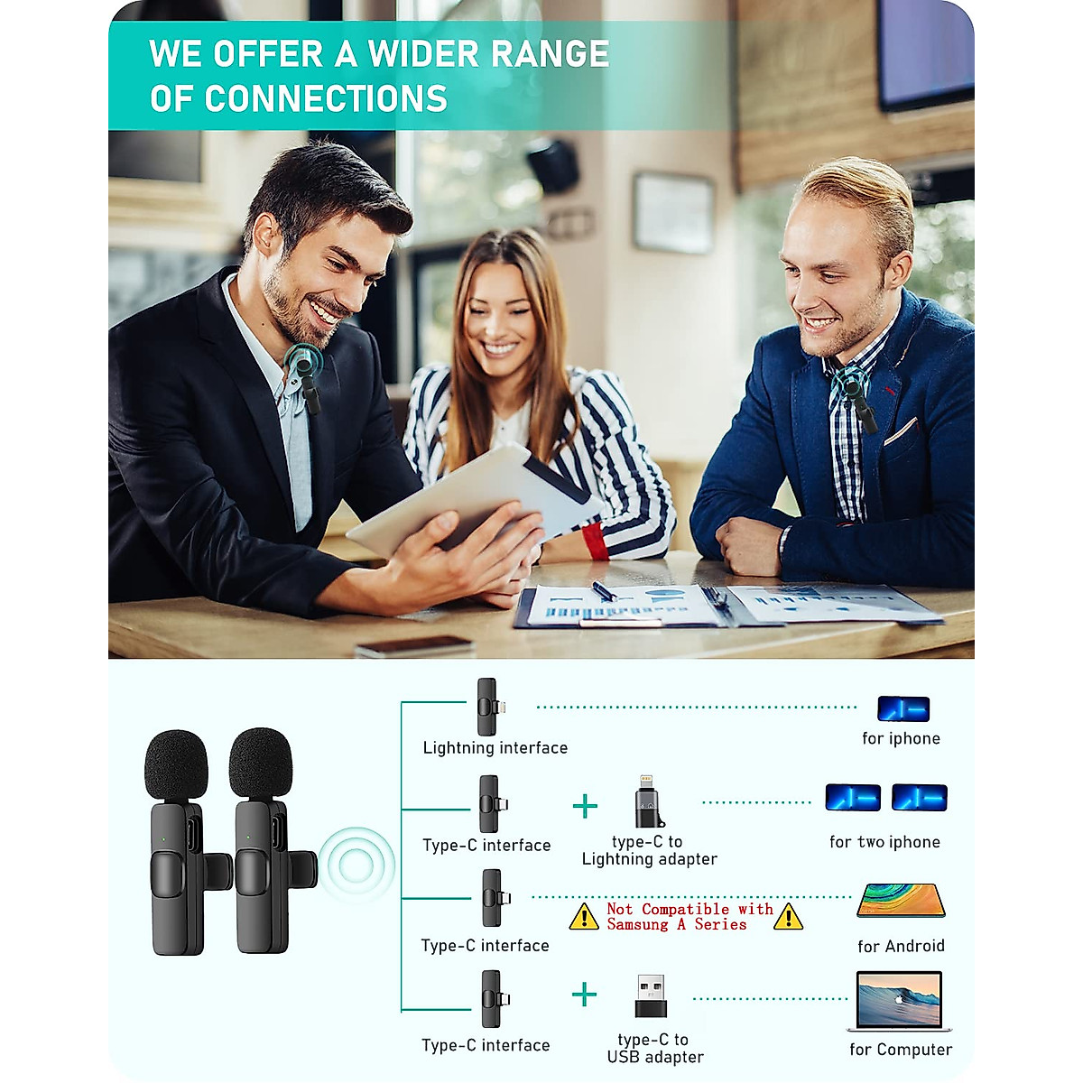 KEYOXY Wireless Lavalier Microphone, 2-in-1 Wireless Microphone for iPhone/iPad/Android/Laptop (Android+ iPhone)