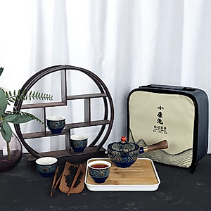 fanquare Porcelain Portable Travel Tea Set, Gold Flower Pattern, 4 Cups, Teapot and Bamboo Tea Tray with Travel Bag, Dark Green