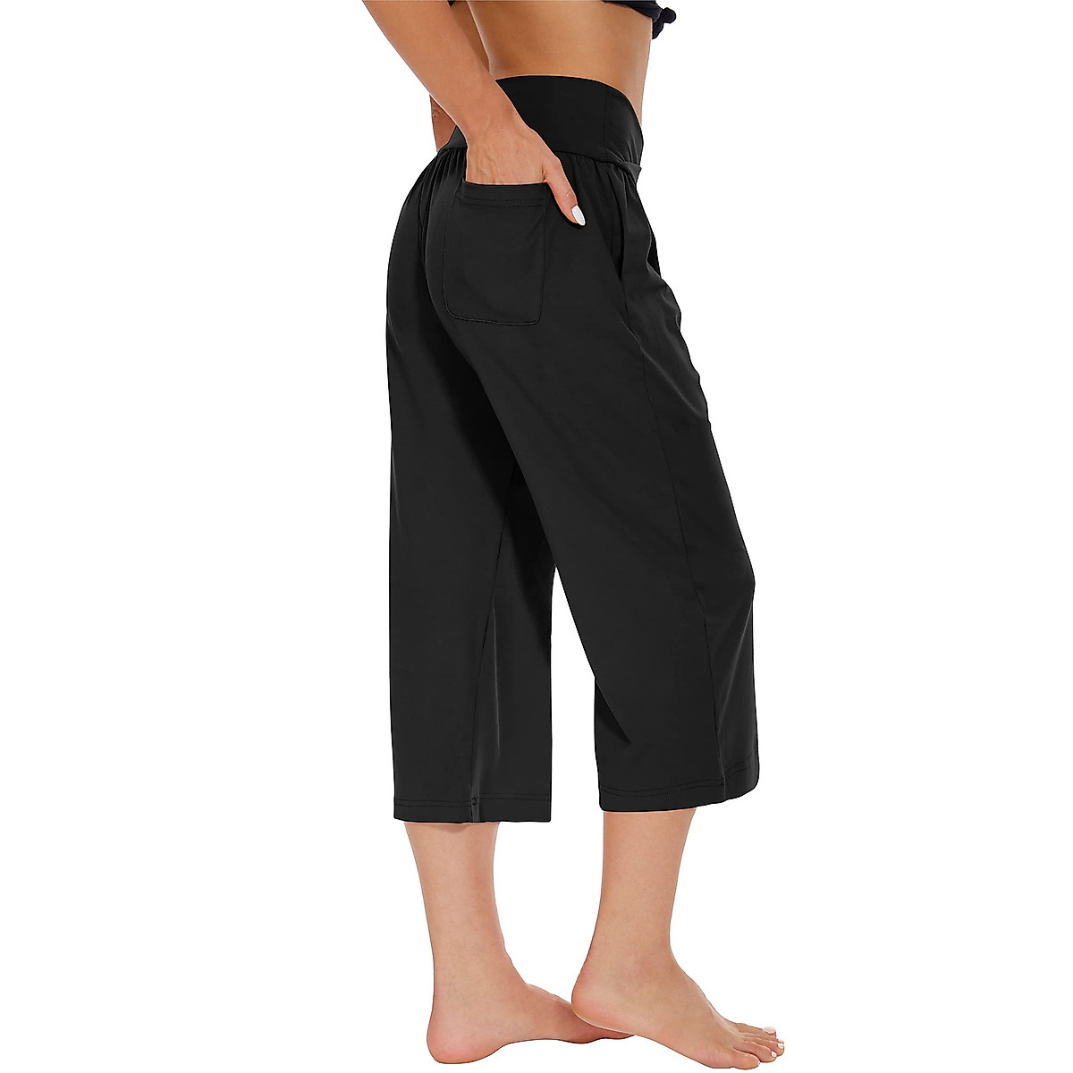 FAYLR Womens Wide Leg Capri Yoga Lounge Summer Loose Pullover Crossover High Waist Capri Pants with Pockets Black Large