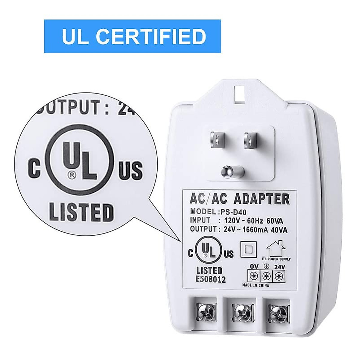 Hotop 24 Volt Transformer, 40 VA AC Transformer Plug in with PTC Fuse Competible with All Versions of Ring Doorbell and Thermostat, Compatible with Nest, Ecobee, Sensi, Honeywell, 24V Adapter(1 Pack)