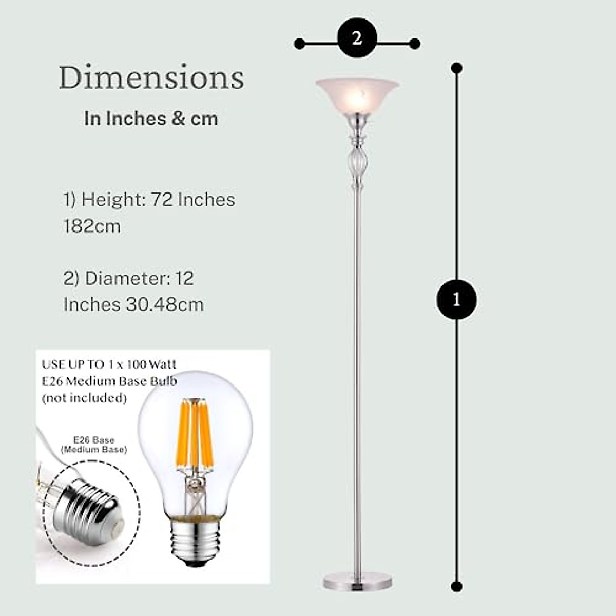 Silver Standing Lamp Floor Lamp For Living Room with White Alabaster Glass Shade- Stand Up Lamp Torchiere- Durable Iron Scrollwork And Glass Construction - Pole Lamp with Brushed Nickel Finish