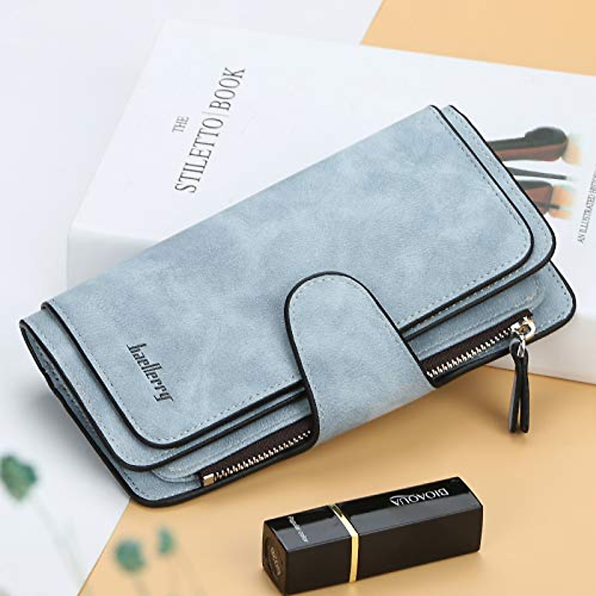 Women's Long Leather Wallet RFID Blocking Cash ID Credit Card Holder for Women Ladies Soft Clutch Wallet with Zipper Coin Pocket Fashion Purse (Light Blue)