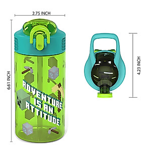 Zak Designs Kids Durable Plastic Spout Cover and Built-in Carrying Loop, Leak-Proof Water Design for Travel, (16oz, 2pc Set), Minecraft Bottle 2pk