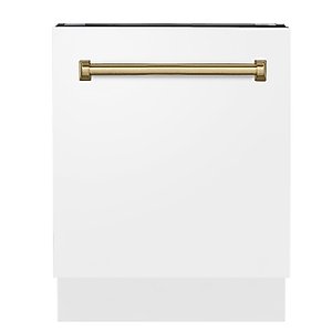 ZLINE Autograph Edition 24" 3rd Rack Top Control Tall Tub Dishwasher in White Matte with Champagne Bronze Handle, 51dBa (DWVZ-WM-24-CB)