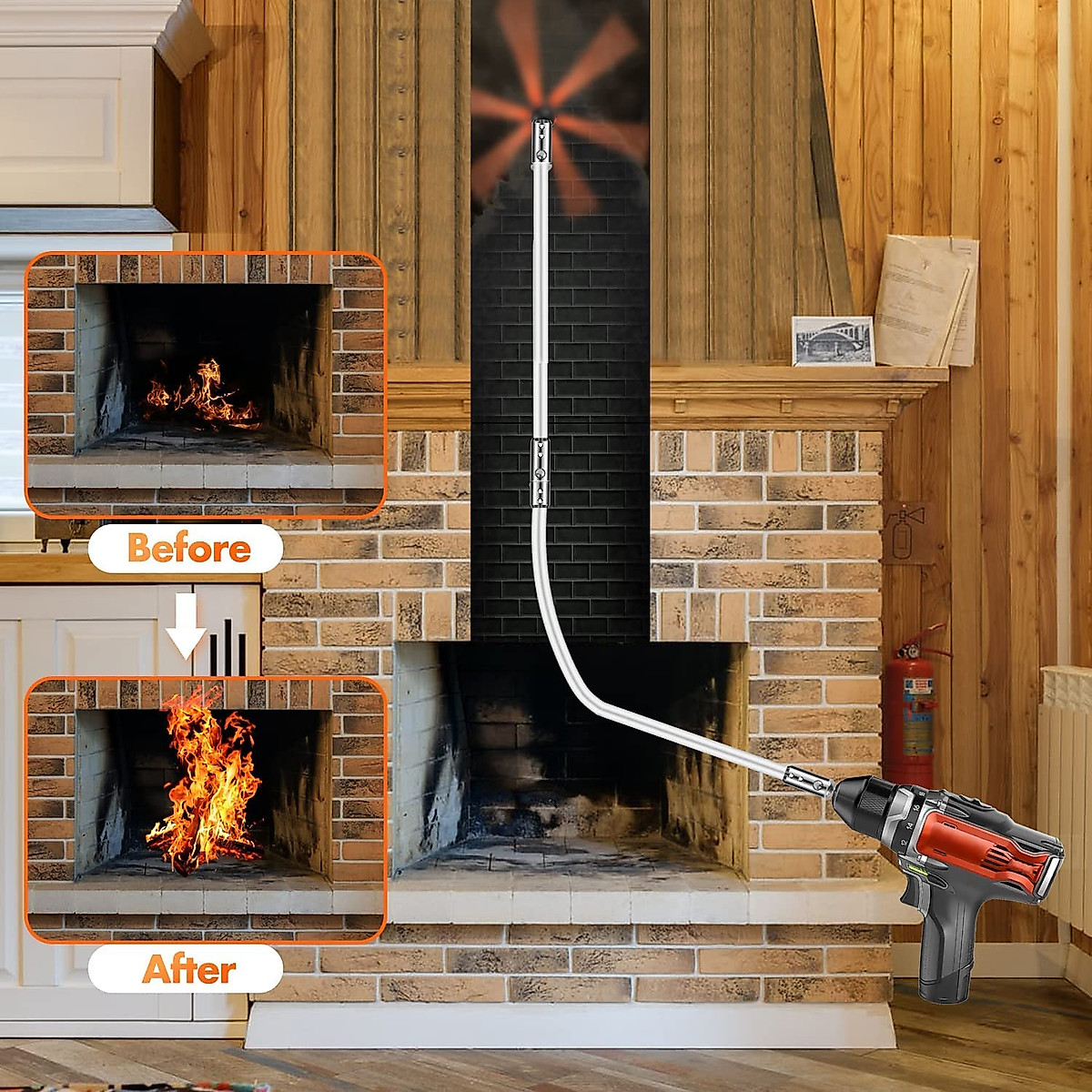 CLLVGOKD Chimney Sweep Kit 26FT Chrome Button Locking System Chimney Cleaning kit with 8 Reinforced Nylon Flexible Rods Snap Locking 45 Degree Angle Driven by Drill for Fireplace Flue Home Use