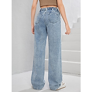 Verdusa Girl's Casual Distressed Ripped Elastic Waist Wide Leg Denim Pants Jeans Light Wash 14Y