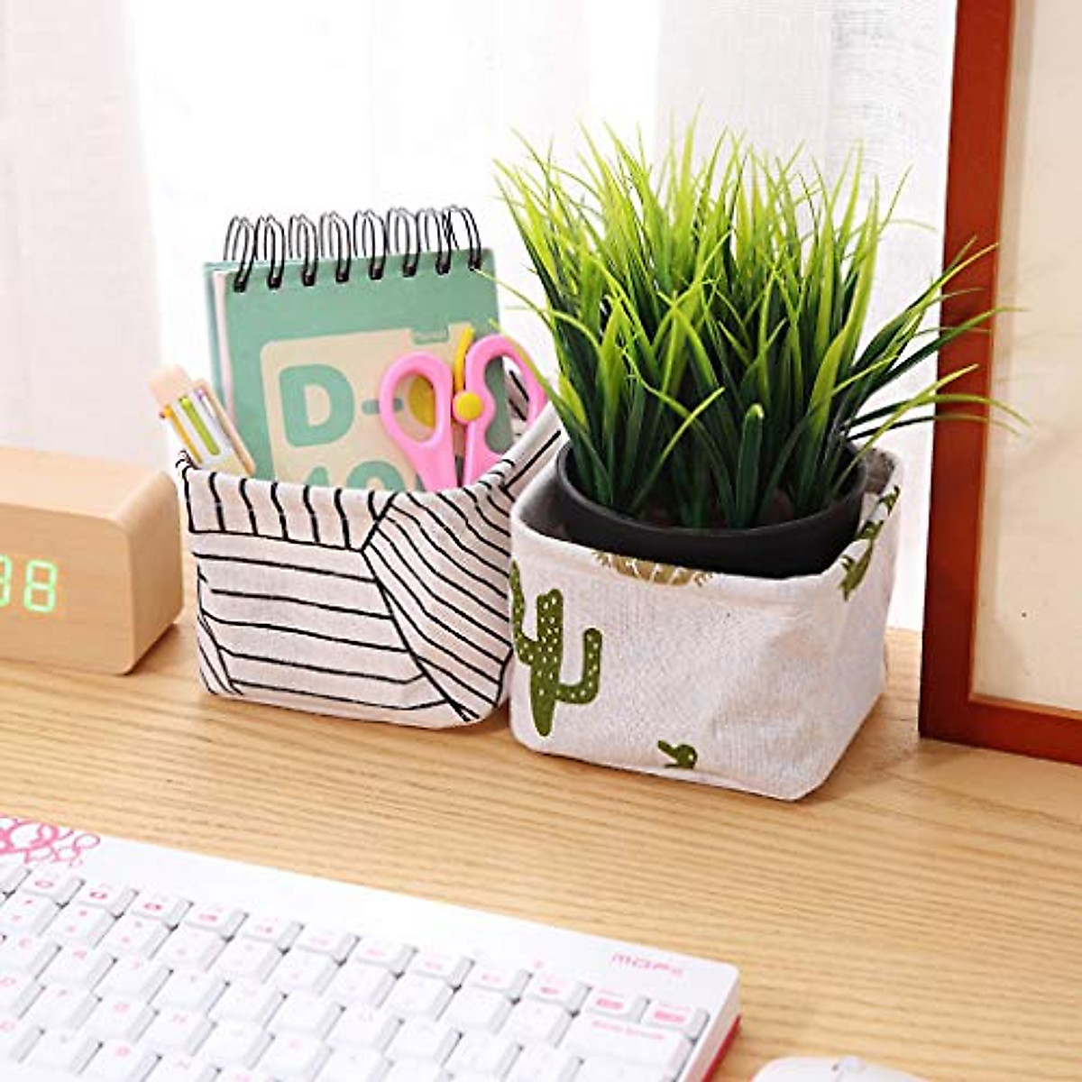 Lekgymr Durable Small Storage Baskets, 2pcs Cute Pattern Cotton Linen Fabric Mini Storage Bin Foldable Desktop Drawer Organizer Box for Home and Office