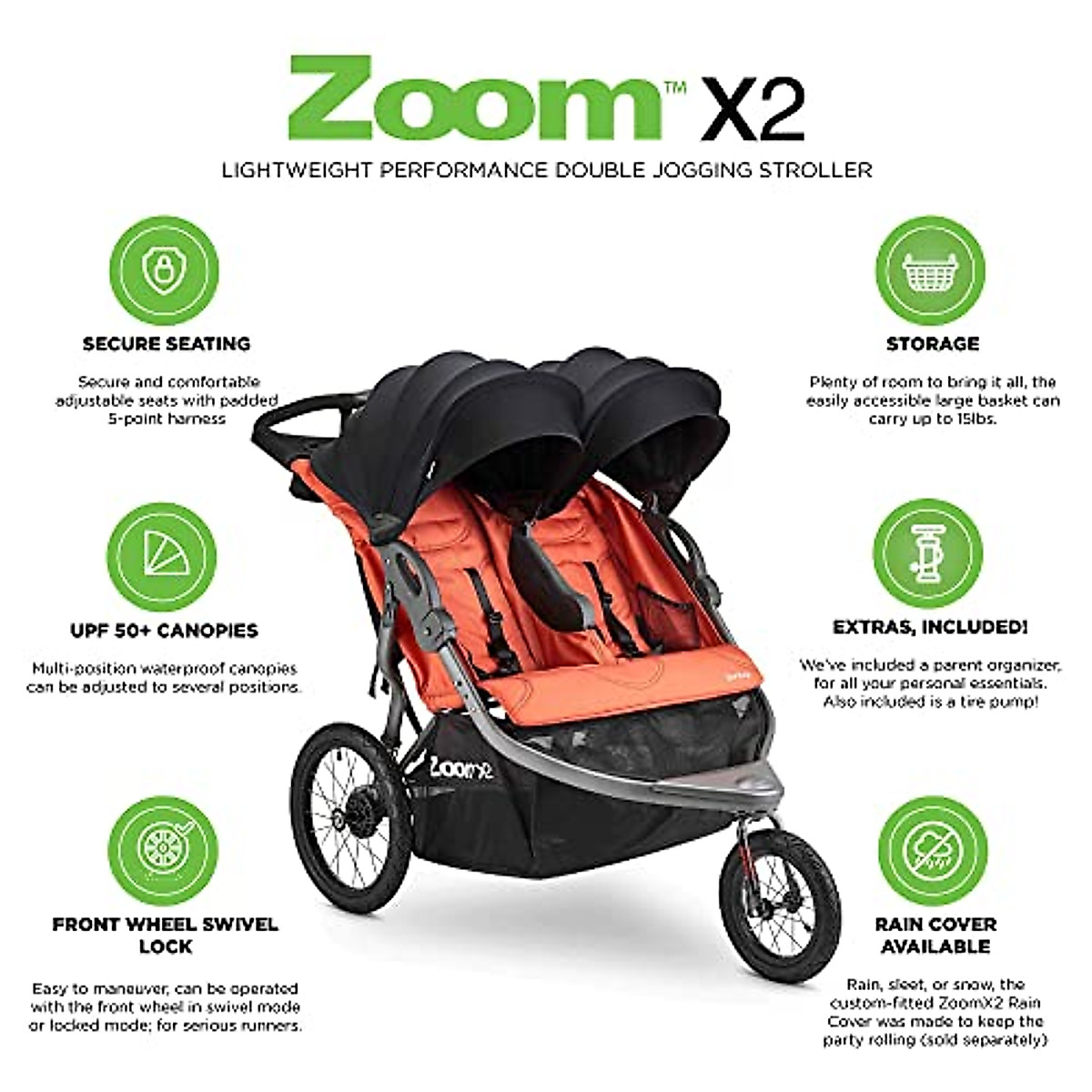 Joovy Zoom X2 Lightweight Performance Double Jogging Stroller Featuring Extra-Large Pneumatic Tires with Air Pump Included, Locking and Swiveling Front Tire, and Easy One-Handed Fold, Paprika