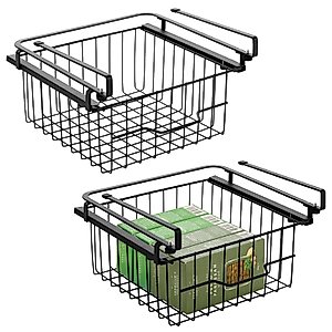 mDesign Compact Hanging Pullout Drawer Basket - Sliding Under Shelf Storage Organizer - Metal Wire - Attaches to Shelving - Easy Install - for Kitchen, Pantry, Cabinet - 2 Pack - Black