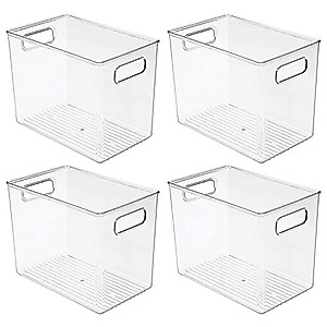mDesign Plastic Deep Kitchen and Pantry Organizer Storage Bin with Handles for Cabinet, Fridge, Freezer - Food Storage Containers for Snacks, Yogurt Pouches or Fruit, Ligne Collection, 4 Pack, Clear
