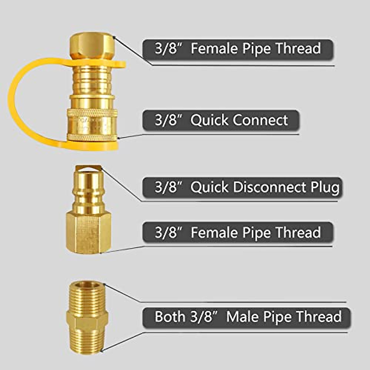 Xastro 3/8 Inch Natural Gas Quick Connect Fittings LP Gas Propane Hose Quick Disconnect Kit Propane Gas Grill Quick Connector Adapter Fitting with 3/8” Male Pipe NPT Thread x 3/8” Female Pipe Thread