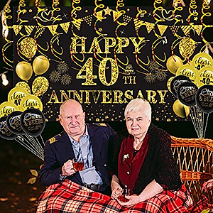 DARUNAXY 40th Wedding Anniversary Decorations, Large Happy 40th Anniversary Banner Backdrop 70 x 43 Inches, Black and Gold Party Balloons, Hanging Swirls for Indoor Outdoor Home Wall Party Supplies