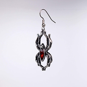 Gothic Spider Dangle Earrings with Red Stone Body Silver Finish Pewter
