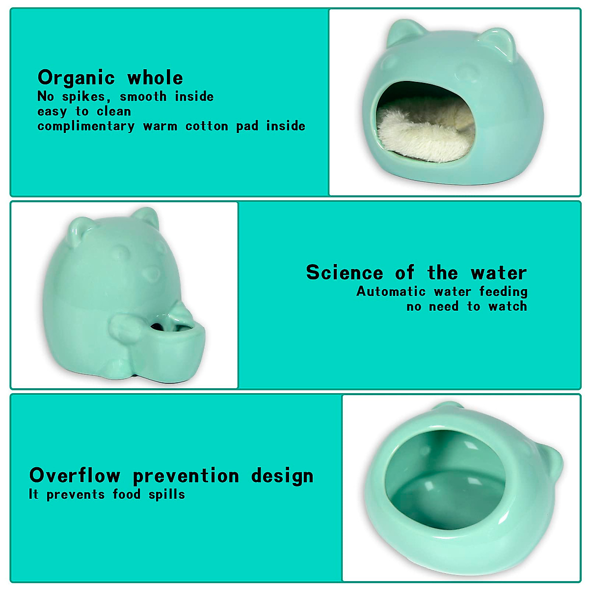 Cartoon Sculpted Ceramic Hamster House Food Feeding Bowl Water Bowl to Prevent Spilled Food and Chewing Tray Gerbils Chinchilla Ferret Hedgehog Small Animals (Cyan)