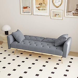68.3" Grey Velvet Couch, Tufted Loveseat Sofa, Convertible Futon Sofa Bed, Accent Sofa Recliner, Golden Metal Legs, 2 Couch Pillows, Mid Century Modern Sofas for Home Living Room Bedroom