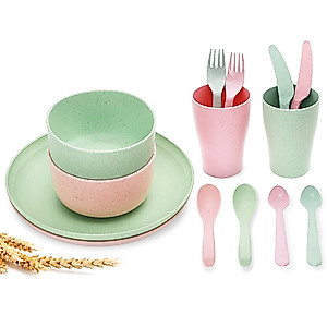 FULANDL 14Pcs Dinnerware Sets, Lightweight Healthy Plates, Soup Spoon, Bowls, Cups and Cutlery Sets- Dishwasher & Microwave Safe (Set for 2)