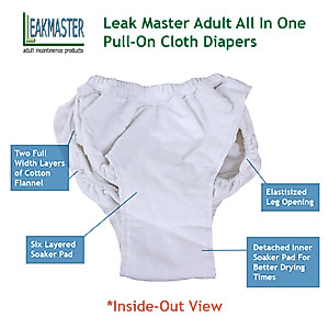 Adult All in One Pull-On Cloth Diaper by LeakMaster - Sewn-On Waterproof Outer Layer. 8 Total Interior Layers of Absorbency. Secure Incontinence Protection. (2X-Large 44-52-Inch Waist)
