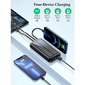 Power-Bank-Solar-Portable-Charger - 40000mAh Power Bank Large Capacity Built in 3 Output and 1 Input Cables and Flashlight 5V3.1A Quick Charge Compatible with All Smart Phones and USB Devices(Black)