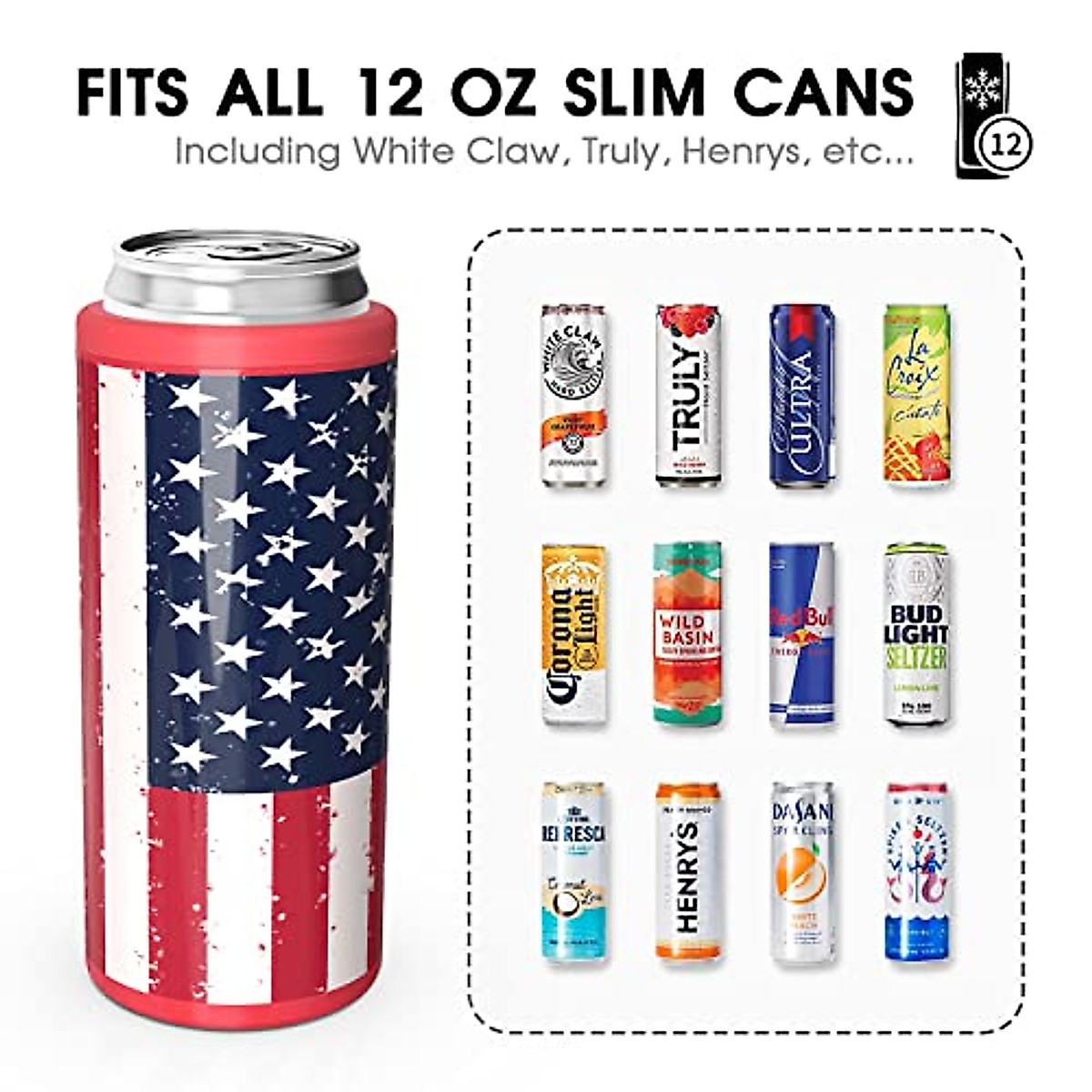 TILUCK Skinny Can Cooler for Slim Beer & Hard Seltzer, Stainless Steel, Doucle-Walled Stainless Steel Insulated Slim Cans, Standard 12 oz (U.S. Flag-01)