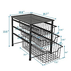 MAX Houser 3-Tier Stackable Organizer Baskets with Metal Sliding Drawers for Pantry, Under the Sink, Desktop Organizer for Bathroom,Kitchen, Office (Charcoal Grey)