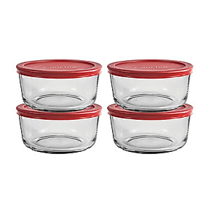 Anchor Hocking 8-Piece 4-Cup Round Clear glass Food Storage Containers with Red Plastic Lid, Set of 4 -