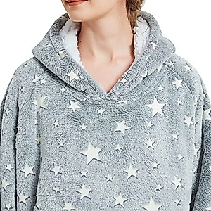 Wearable Blanket Hoodie Lengthened Oversized Sweatshirt for Adult, All Patterns Flannel Sherpa Blanket with 3 Pockets Mothers Day Gifts Glow in the Dark Star