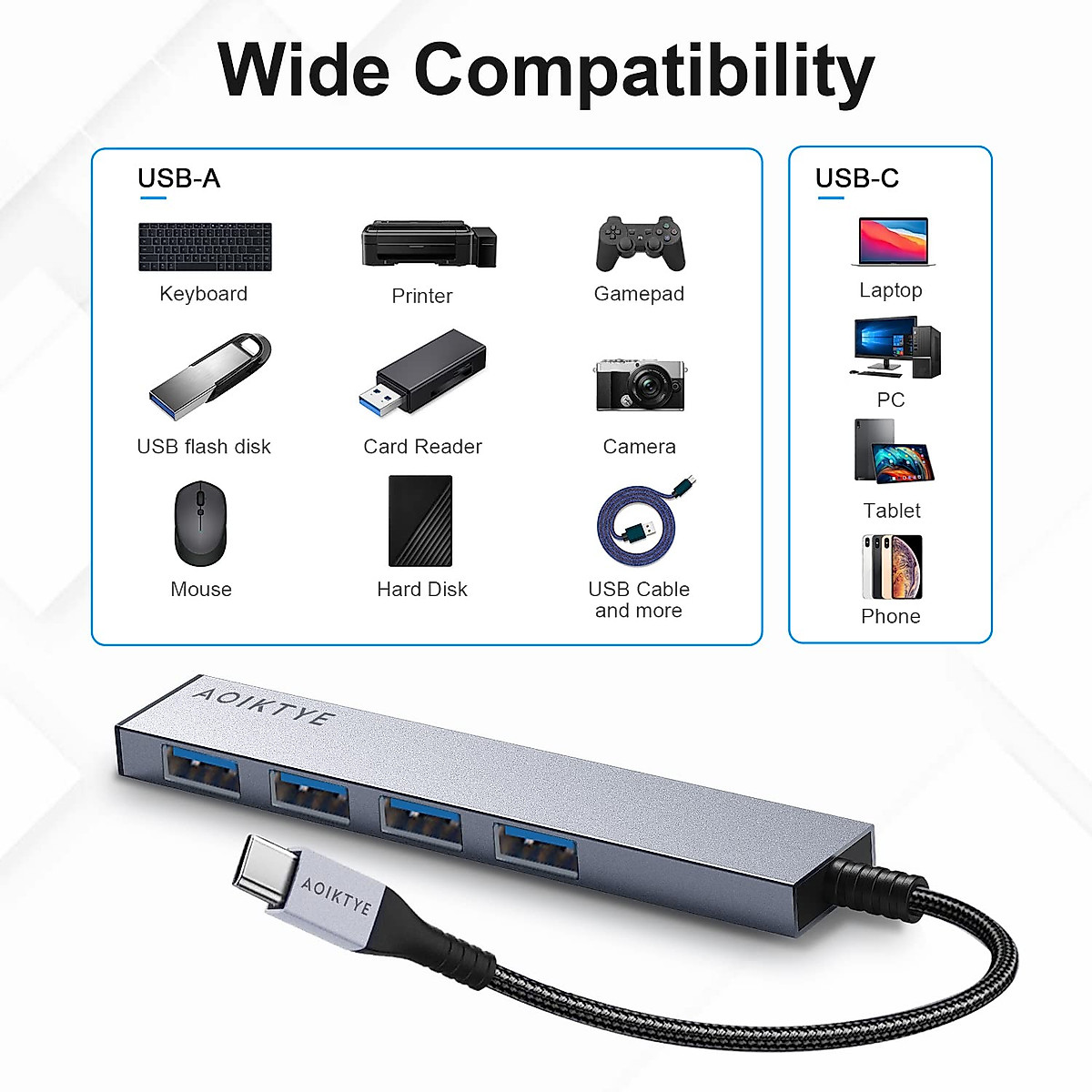 USB C to USB Hub 4 Ports 5Gbps, Aluminum USB C Adapter with 4 USB 3.0 Ports for Mac Mini, MacBook Pro/Air, Samsung S9/S8, iPad Pro, XPS, Dell, Chromebook, and More