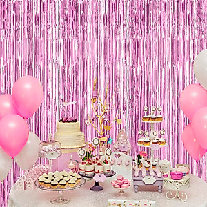 MEEZY 3Pack 3.2ft x 8.2ft Pink Foil Fringe Curtains Backdrop Metallic Foil Tinsel Streamers with Pink Balloons for Bachelorette Baby Shower Wedding Birthday Bridal Shower Party Decorations