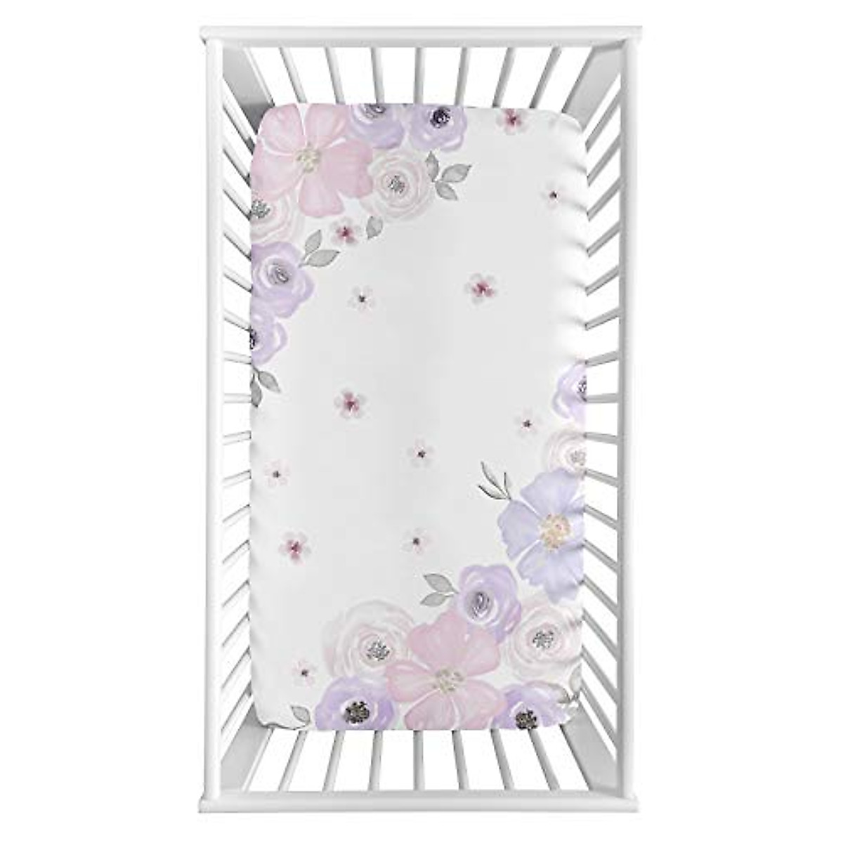 Sweet Jojo Designs Shabby Chic Floral Girl Fitted Crib Sheet Baby or Toddler Bed Nursery Photo Op - Lavender Purple, Pink and Grey Watercolor Rose Flower