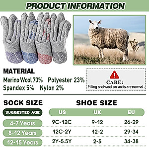 Sandsuced Kids Merino Wool Hiking Socks Girls Boys Winter Thermal Warm Cozy Boot Thick Cushion Gift Stocking Stuffers Socks 4 Pairs(Purle/Blue/Red/Grey,8-12 Years)
