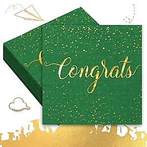 Whaline 80 Pack Graduation Paper Napkins 5 x 5 Inch Gold Foil Congrats Cocktail Napkins Green Graduation Party Disposable Beverage Napkins for Engagement Graduation Baby Shower Celebration Party