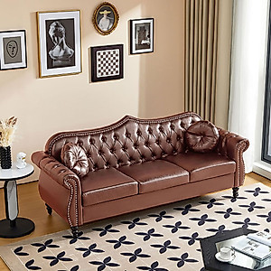 Modern PU Tufted Couch 3 Seater with Rolled Arms and Nailhead, Deep Button Nailhead Tufted Black Upholstered Couches, Roll Arm Classic Tufted Chesterfield Settee Leather Sofa for Living Room (Brown)