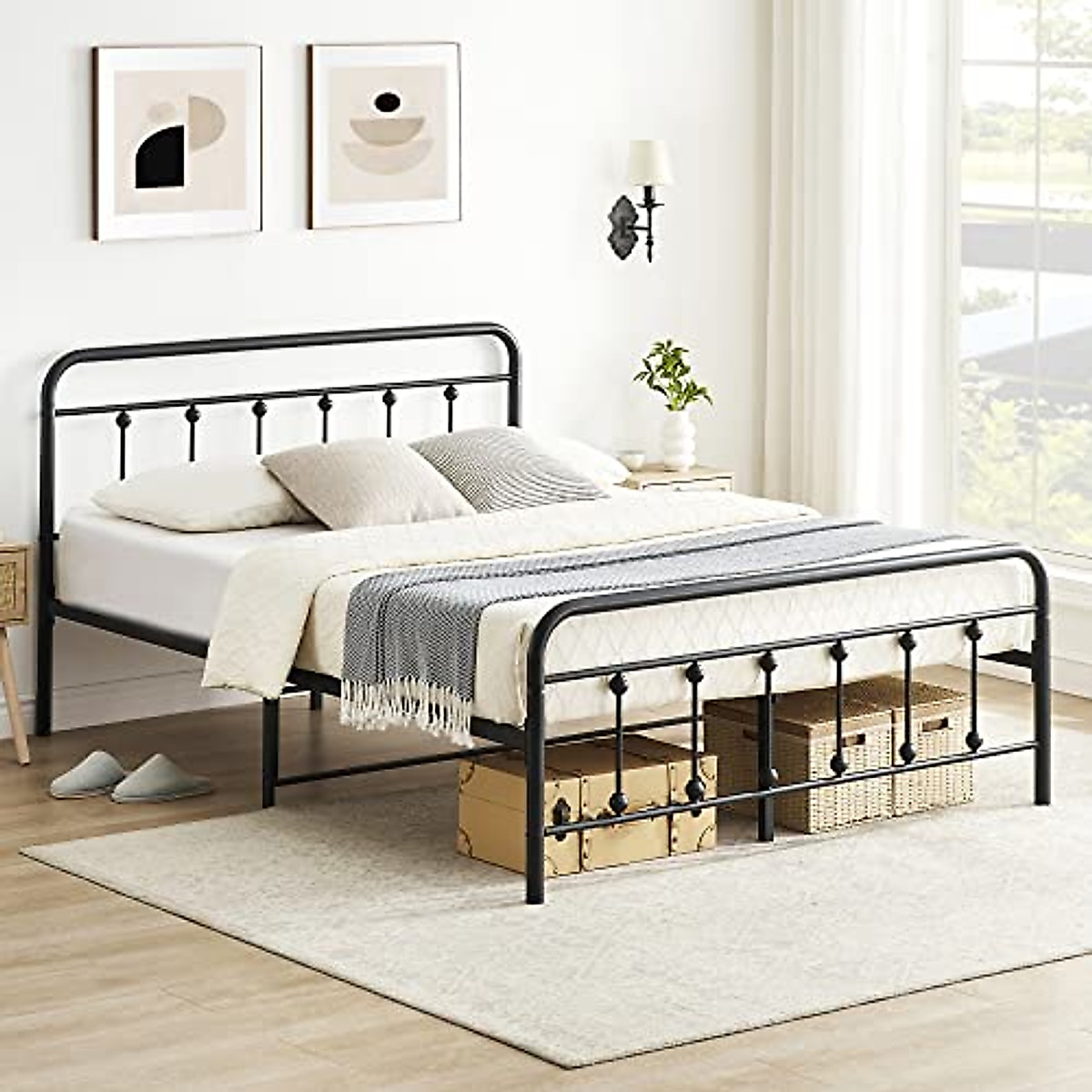 IDEALHOUSE Metal Bed Frame Queen Size with Victorian Headboard and Footboard Mattress Foundation No Box Spring Needed, Black