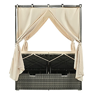 Patio Chaise Lounge, PE Rattan Outdoor Patio Wicker Sunbed Daybed with Adjustable Seats, Four-sided Canopy, Overhead Curtain and Beige Cushions for Backyard, Garden, Poolside (for 2-6 people)