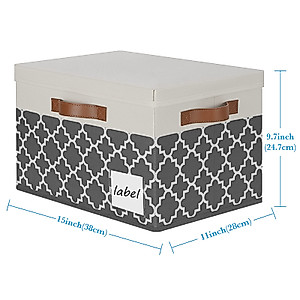 PFFVRP Large Storage Bins with Lids, Foldable Fabric Storage Baskets with Lids, Sturdy Storage Boxes with Labels and 3 PU Handles for Closet Home Bedroom Office (26L, 3 Packs, Grey Plaid&White)
