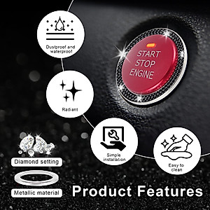 LivTee 2 PCS Crystal Double Rhinestone Car Engine Start Stop Decoration Ring, Bling Car Interior Accessories for Women, Push to Start Button Cover/Sticker, Key Ignition & Knob Bling Ring, Black