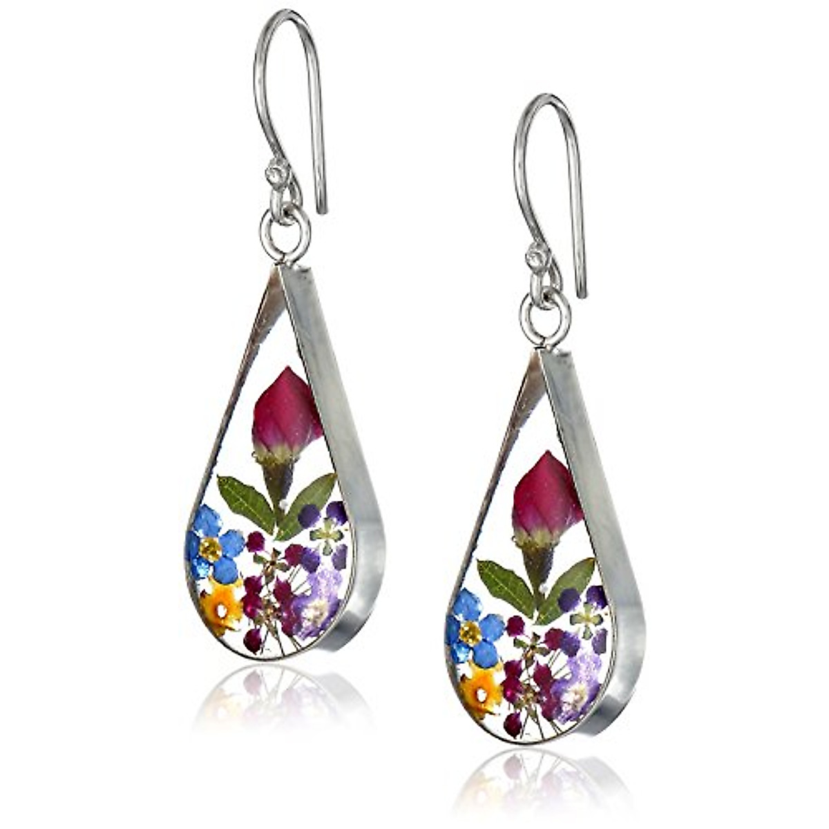 Amazon Collection Sterling Silver Multi Pressed Flower Teardrop Earrings