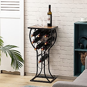 ALIMORDEN 11 Bottles Wine Rack Console Table,Wine Rack Freestanding Floor, Wine Glass Storage Organizer Shape Display Rack for Small Spaces Marble Veneer Top Brown