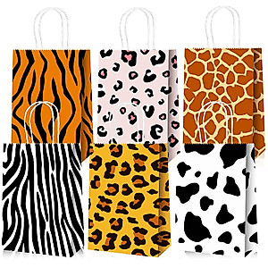 24 Pieces Jungle Safari Animal Print Treat Bags with Handles, Leopard Zebra Giraffe Tiger Stripe Cow Print Goodie Bags Safari Party Favor Present Bags for Safari Themed Birthday Party Supplies