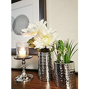 Hosley Set of 2 Silver Color Pillar (LED) Candle Holders 4" High Also usable as Vase. Ideal Gift for Wedding Party Home SPA Aromatherapy Reiki Votive Tea Light Candle Garden