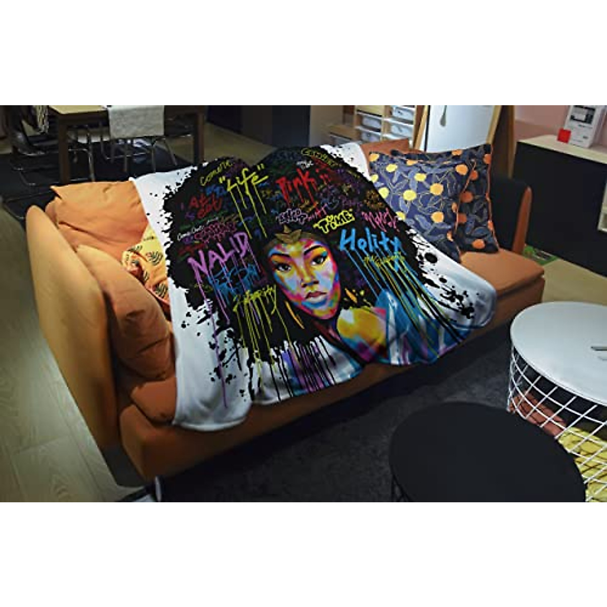Textattr20 Black Girl Fleece Throw Blankets for Kids Teen Girls Women Adults, Personalized African American Graffiti Blanket Throw Big 60x80 Inch Twin Size, Comfy Throws Blanket for Girls Bed Bedroom