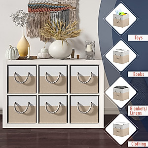 Ornavo Home Foldable Collapsible Storage Box Bins Linen Fabric Shelf Basket Cube Organizer with Rope Handles - Set of 6 - 13 x 13 x 13 - White/ Khaki