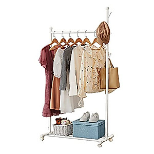JZM Clothing Racks for Hanging Clothes, Rolling Clothes Rack, Rolling Garment Rack, Multi-functional Garment Rack Freestanding Hanger with 5 Rods, Side Hooks and Lockable Wheels, White Clothing Rack