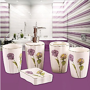 JruF Dandelion Love Ceramic 5 Piece Set Of Bathroom Accessories, Including Decorative Countertop Soap Box, Toothbrush Holder, Tumbler, Lotion Dispenser, Gift Box (Purple)