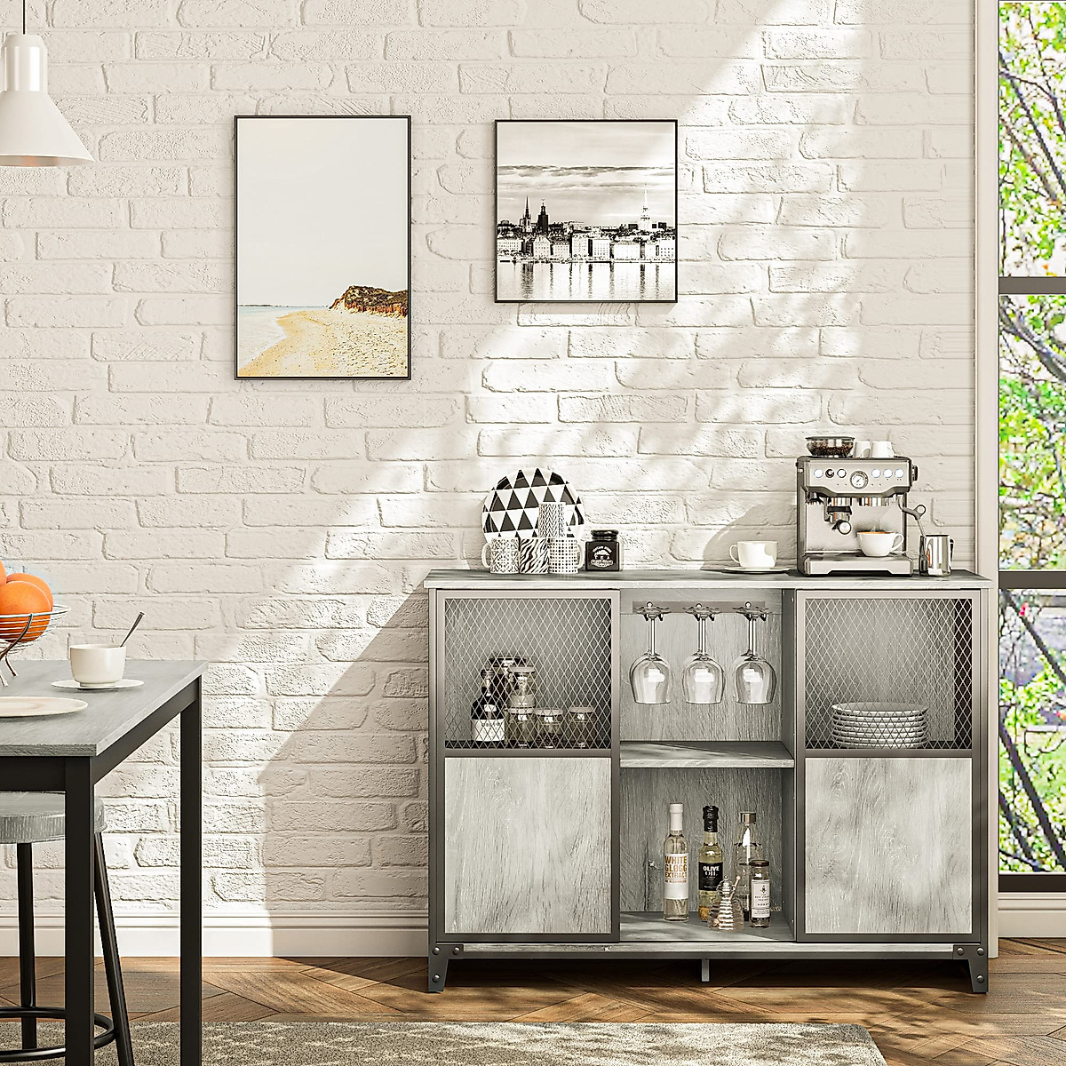 Bestier Industrial Bar Cabinet for Liquor and Glasses with Sliding Metal Mesh Door Kitchen Accent Sideboard Buffet Wine Rack with Adjustable Shelf Home Bar Furniture Gray