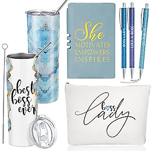 Domensi Best Boss Gift Set Thank You Gift for Women Lady Appreciation Day Gift 20oz Rustic Marble Sign Tumbler Makeup Bag A6 Notepad with Ballpoints Boss Day Gift Office Leader Christmas Gift(Blue)