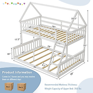 KOMFOTT Wood Twin Over Full House Bunk Bed with Built in Ladder, Solid Pine Wood Bunk Bed Frame with Safety Guardrails, House Bunk Bed Frame for Kids, Teens, Juniors, No Box Spring Needed (White)