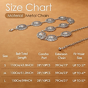 VONMELLI Western Belts for Woman Cowgirl Boho Concho Chain Waist Belt for Country Concert Dresses Jeans Silver-Shiny M