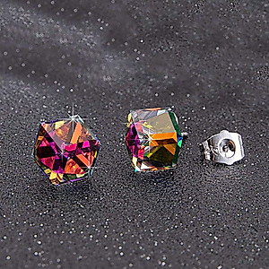 Cube Austrian Crystal Drop Stud Earrings for Women Fashion S925 Sterling Silver Hypoallergenic Jewelry (Rainbow)