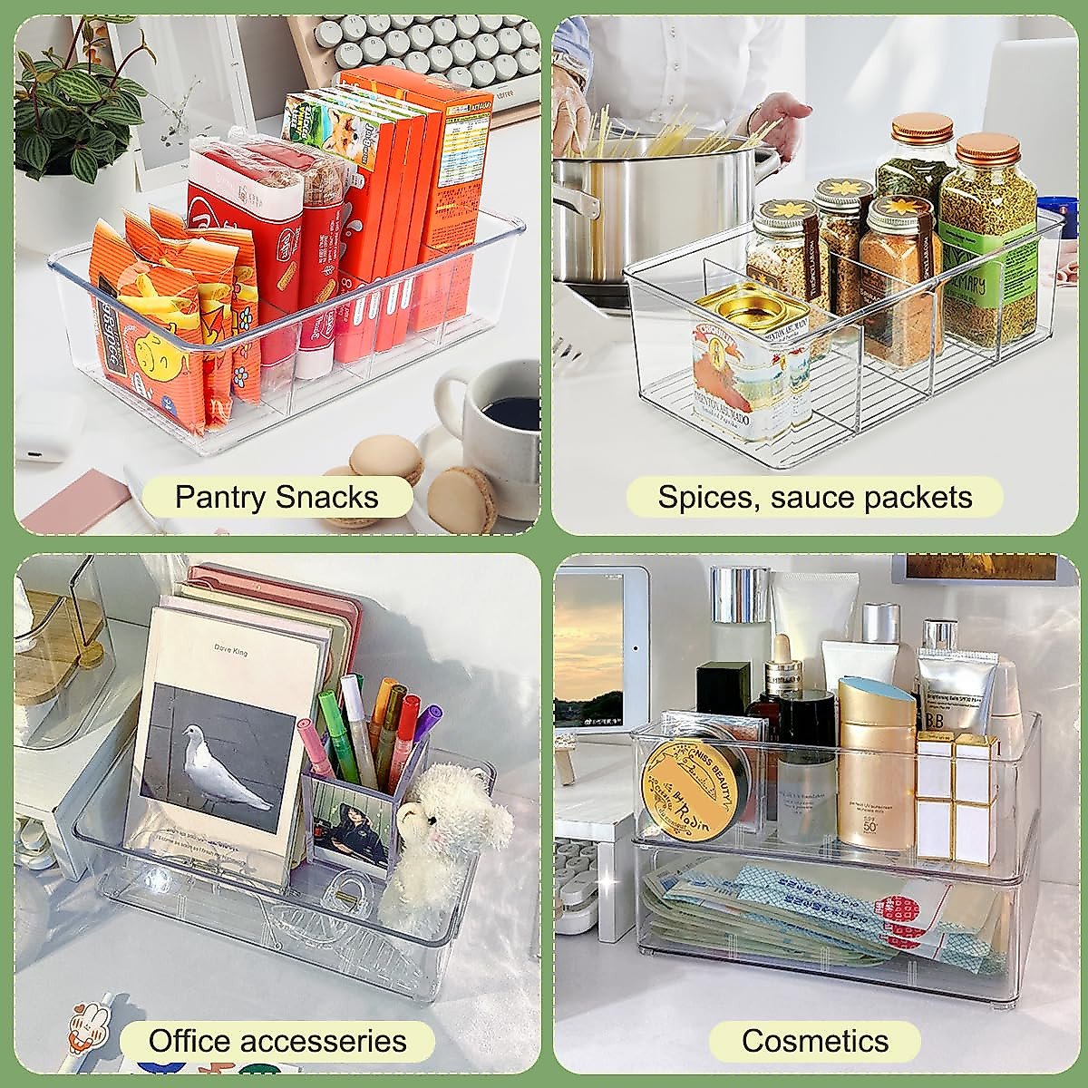 ZIZOTI Food Pantry Organization and Storage Bins 7 Pack Clear Plastic Removable Snack Organizer Racks w 3 Dividers, Great for Organize Packets, Spices, Pouches Stackable Fridge Kitchen, Cabinets